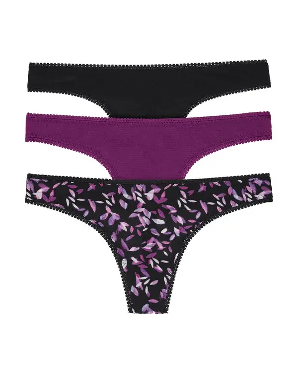 ON GOSSAMER Hip G Thongs, Set Of 3 - Black/grape Wine/falling Petals