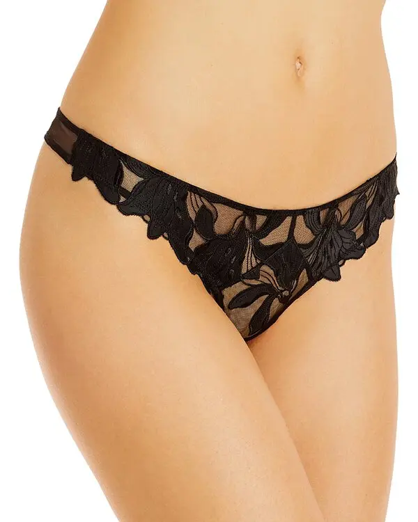 FLEUR DU MAL Lily Embroidered Hipster Thong - Black