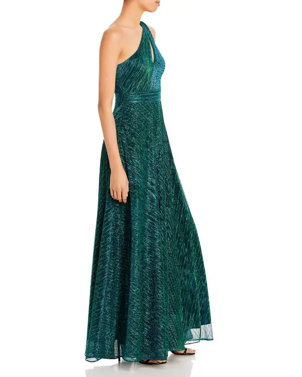 open lace back dress One-shoulder aqua green dress in lurex and crêpe with bow detail main image 1