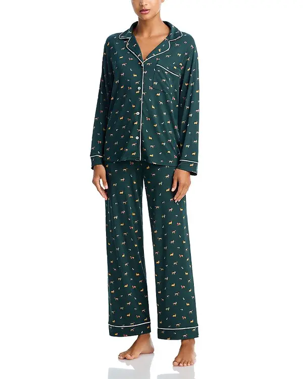 Eberjey Gisele Printed Long Pajama Set - Holiday Dogs Pine/ivory