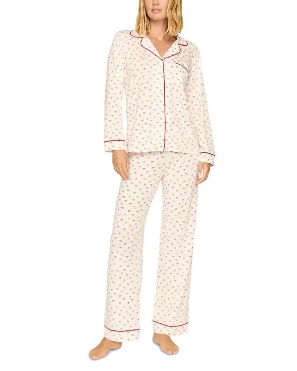 Eberjey Gisele Printed Long Pajama Set - Mini Bow Ivory