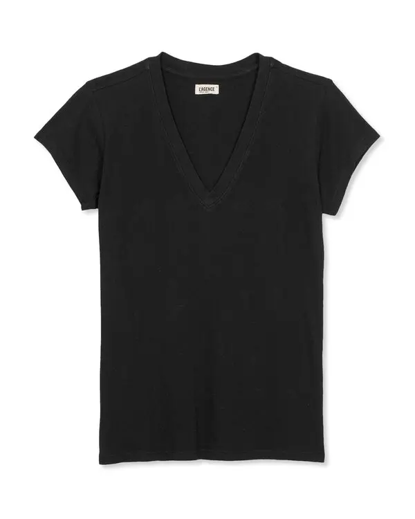 L'Agence Becca Cotton V-neck Tee - Black