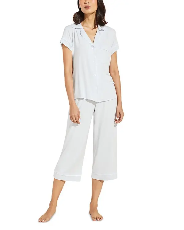 Eberjey Gisele Short Sleeve Crop Pajama Set - Ice Blue / Ivory