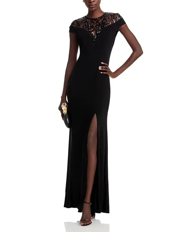 Adrianna Papell Embellished Illusion-yoke Gown - Black