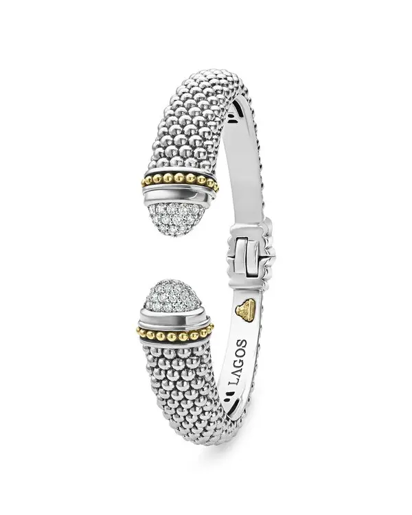 Lagos 18k Gold & Sterling Silver Caviar Diamond Cuff Bracelet - White/silver
