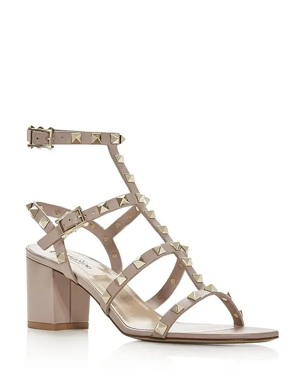 Valentino Garavani Rockstud City Block Heel Sandals - Poudre/gold