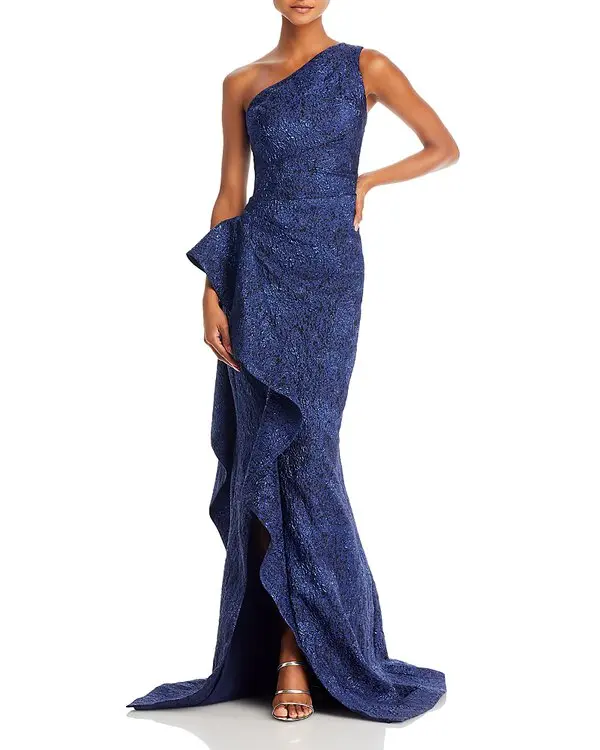 Rickie Freeman For Teri Jon Metallic Jacquard One-shoulder Gown - Black Blue
