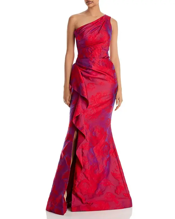 Rickie Freeman For Teri Jon Metallic Jacquard One-shoulder Gown - Fuschia