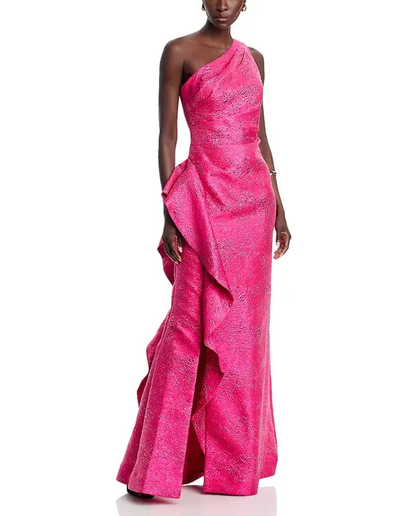 Rickie Freeman For Teri Jon Metallic Jacquard One-shoulder Gown - Hot Pink