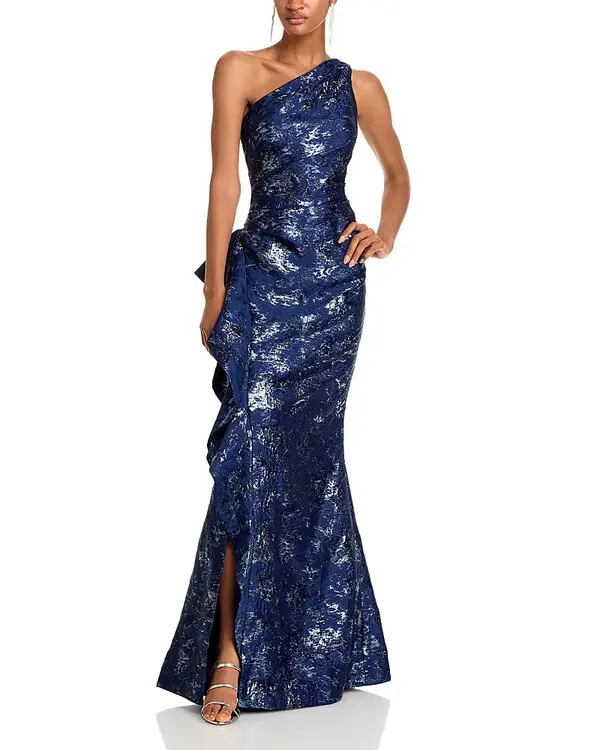 Rickie Freeman For Teri Jon Metallic Jacquard One-shoulder Gown - Navy