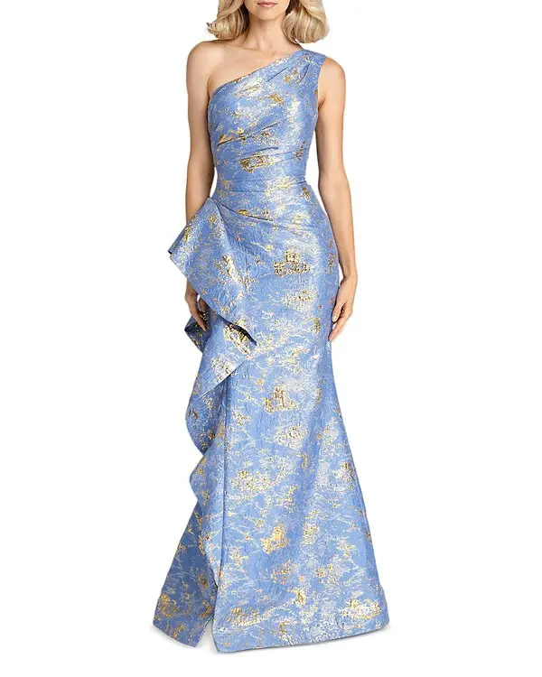 Rickie Freeman For Teri Jon Metallic Jacquard One-shoulder Gown - Sky Blue