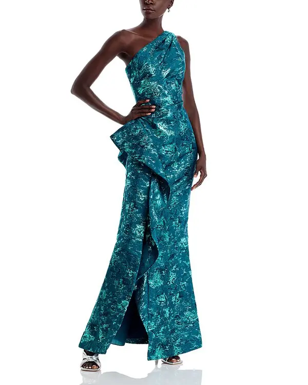 Rickie Freeman For Teri Jon Metallic Jacquard One-shoulder Gown - Teal