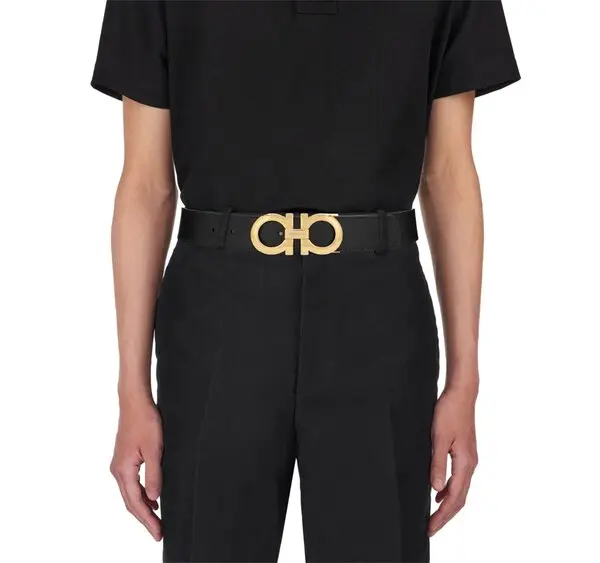 FERRAGAMO Double Gancini Reversible Leather Belt - Black