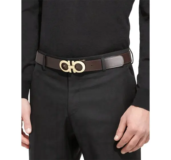 FERRAGAMO Double Gancini Reversible Leather Belt - Black