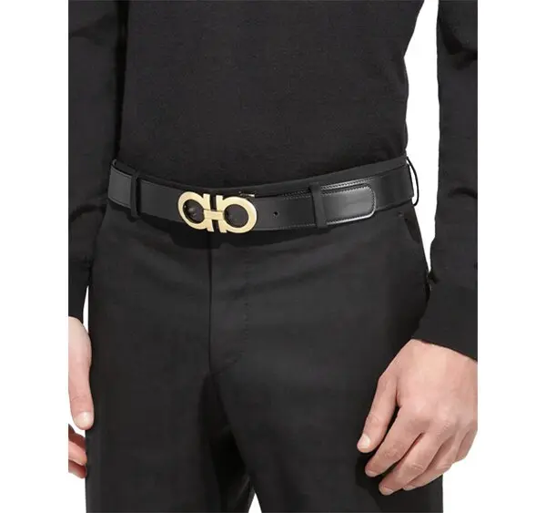 FERRAGAMO Double Gancini Reversible Leather Belt - Black