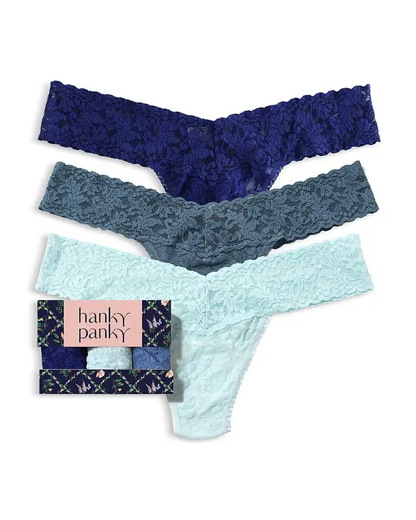 Hanky Panky Signature Lace Low Rise Thongs, Set Of 3 - Odyssey Blue/storm Cloud/celeste
