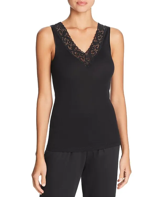 Hanro Moments Cotton Lace Trim Tank - Black