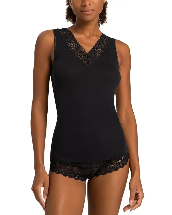 Hanro Moments Cotton Lace Trim Tank - Black