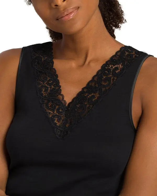 Hanro Moments Cotton Lace Trim Tank - Black