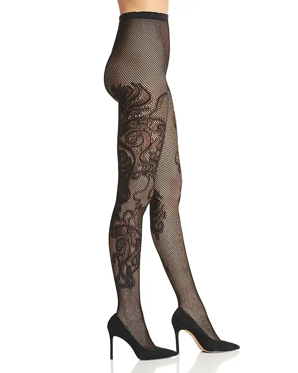Natori Scroll Patterned Fishnet Tights - Black