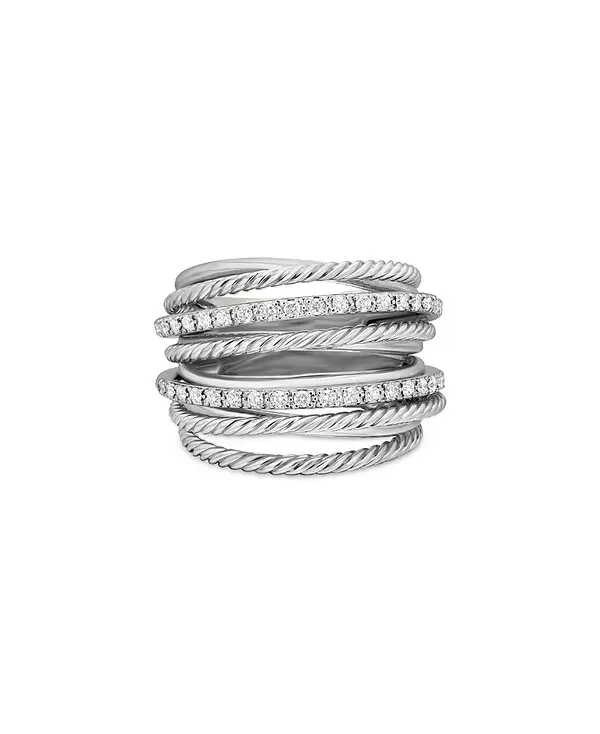 David Yurman Sterling Silver Crossover Wide Diamond Ring - White/silver