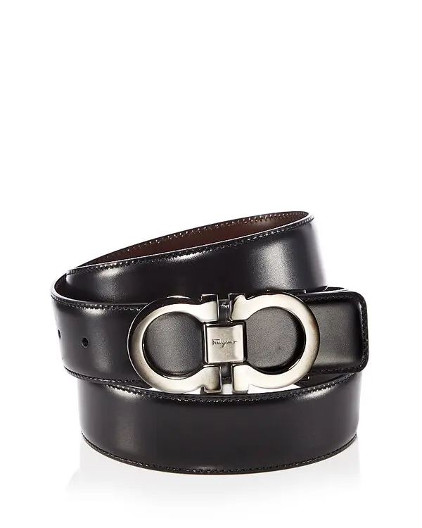 FERRAGAMO Double Gancini Buckle Reversible Leather Belt - Black/auburn