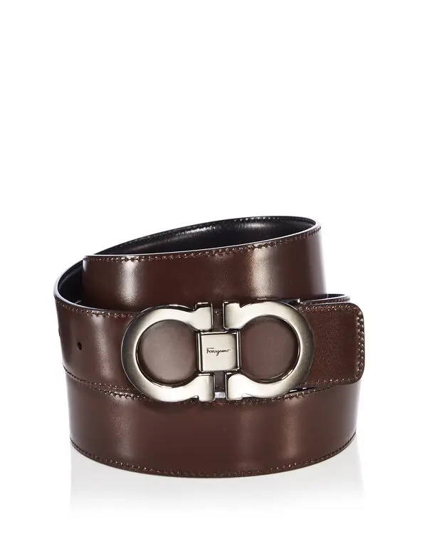 FERRAGAMO Double Gancini Buckle Reversible Leather Belt - Black/auburn