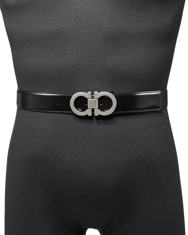 FERRAGAMO Double Gancini Buckle Reversible Leather Belt - Black/auburn