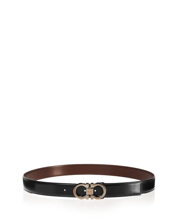 FERRAGAMO Double Gancini Buckle Reversible Leather Belt - Black/auburn