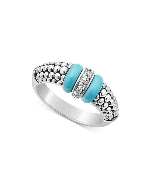 Lagos Sterling Silver Tapered Ring With Diamond And Caviar Detailing - Blue/silver