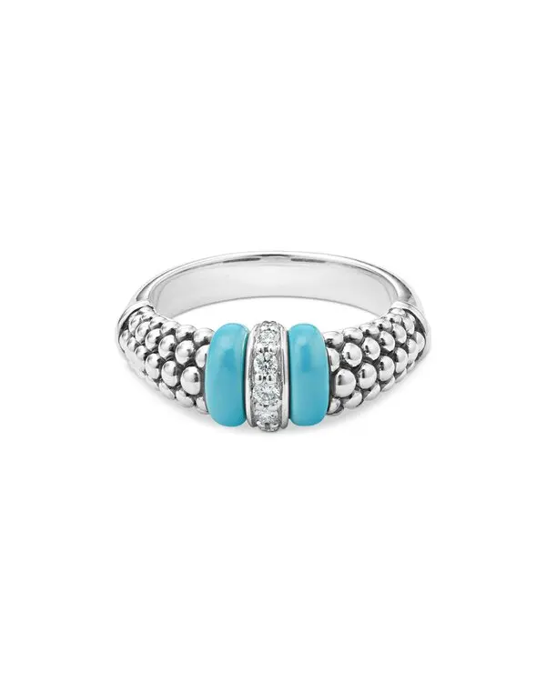 Lagos Sterling Silver Tapered Ring With Diamond And Caviar Detailing - Blue/silver