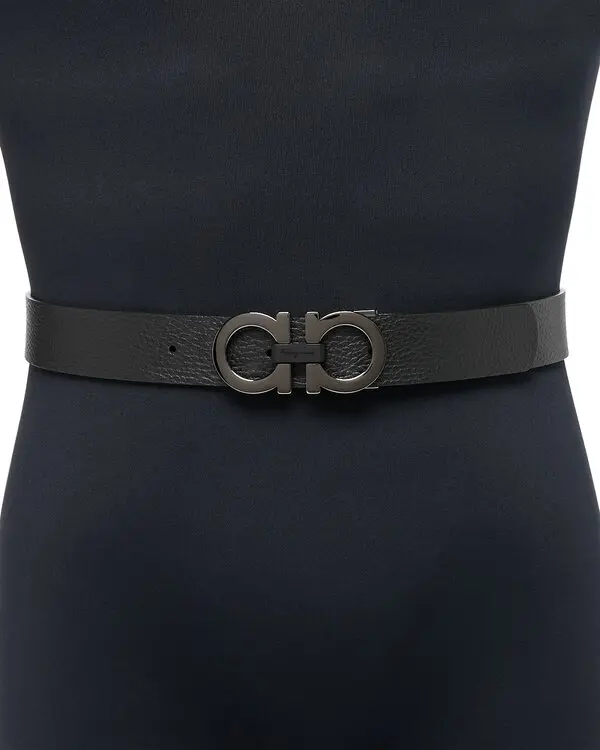 FERRAGAMO Double Gancini Buckle Reversible Leather Belt - Black/hickory