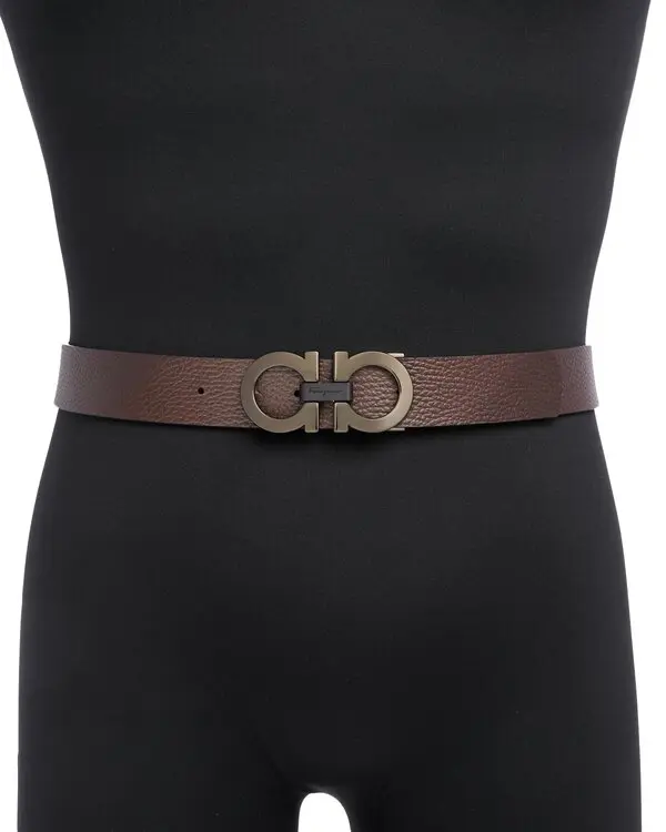 FERRAGAMO Double Gancini Buckle Reversible Leather Belt - Black/hickory