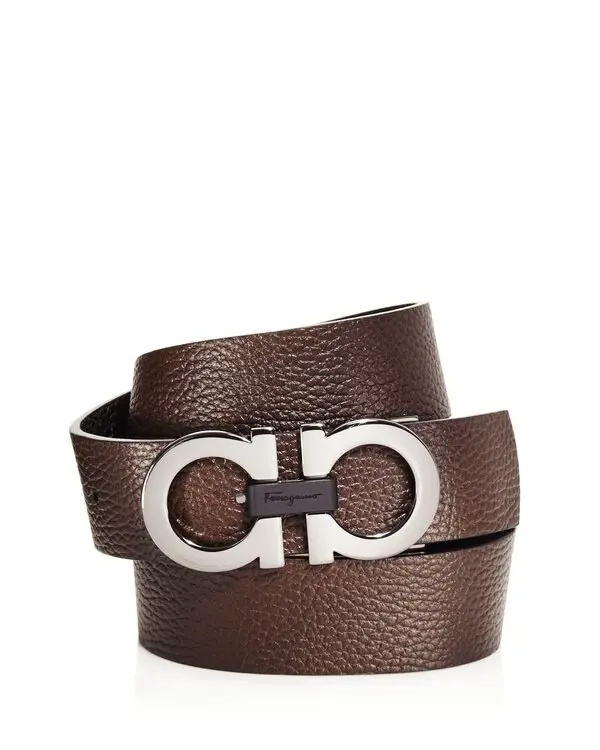 FERRAGAMO Double Gancini Buckle Reversible Leather Belt - Black/hickory