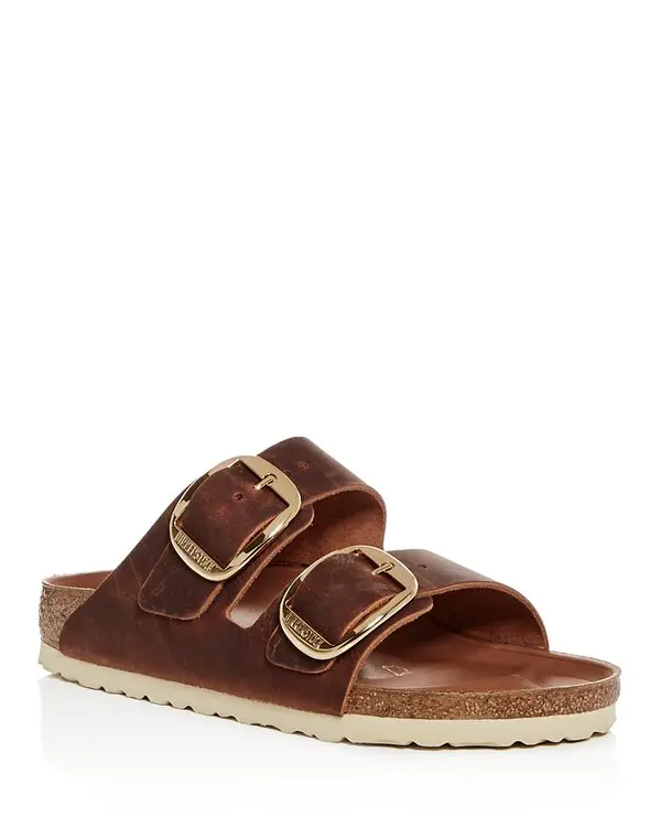 BIRKENSTOCK Arizona Big Buckle Slide Sandals - Cognac Brown Leather/gold