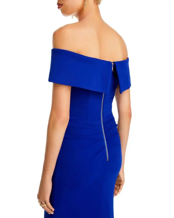 Aqua Off-The-Shoulder Scuba Crepe Gown In Marine 50% Off - Main Image