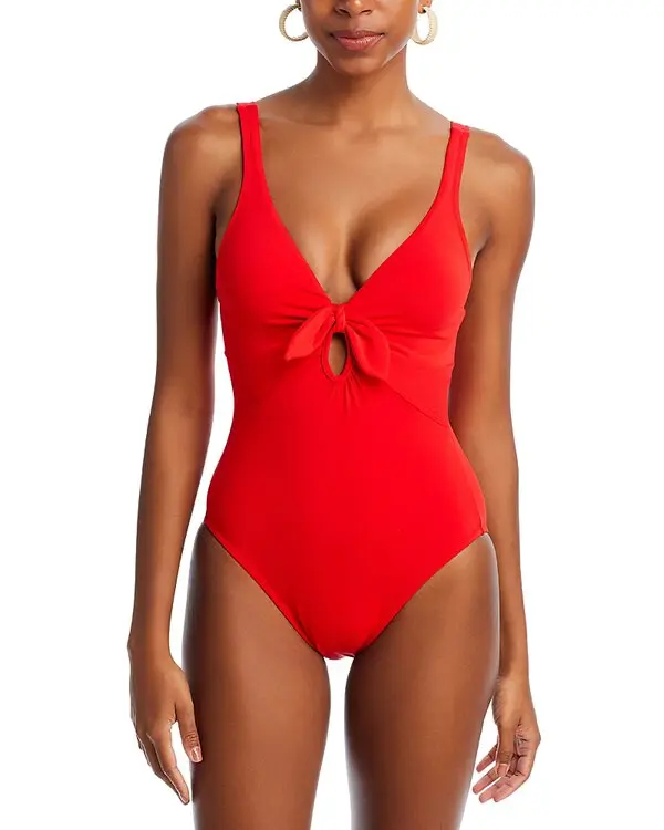 Robin Piccone Plunge Neck Tie-front One Piece Swimsuit - Fiery Red