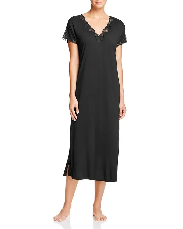 Natori Zen Floral Lace Nightgown - Black