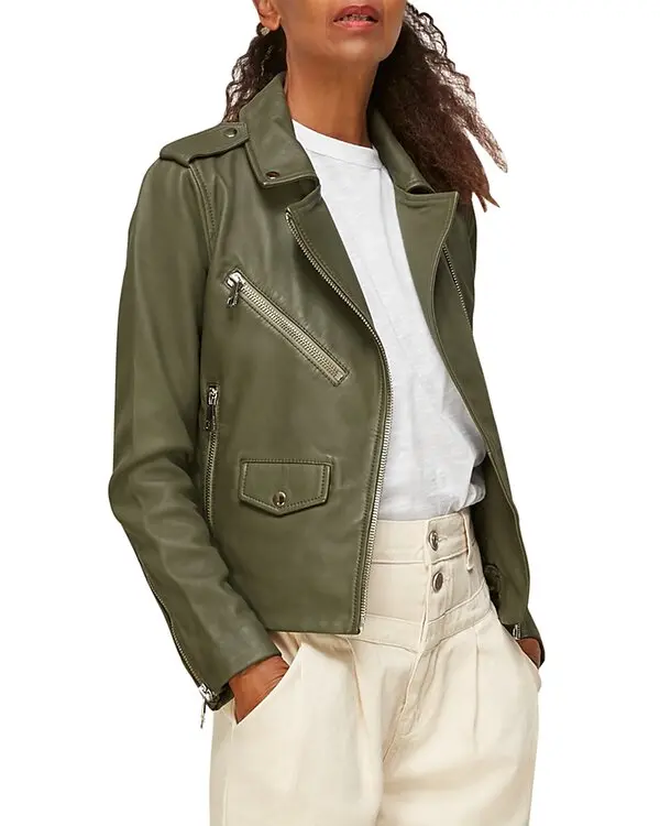 Whistles Agnes Pocket Leather Biker Jacket - Khaki