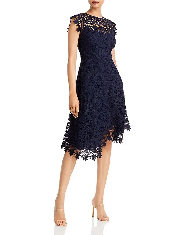 Eliza J Asymmetrical Lace Midi Dress - Navy