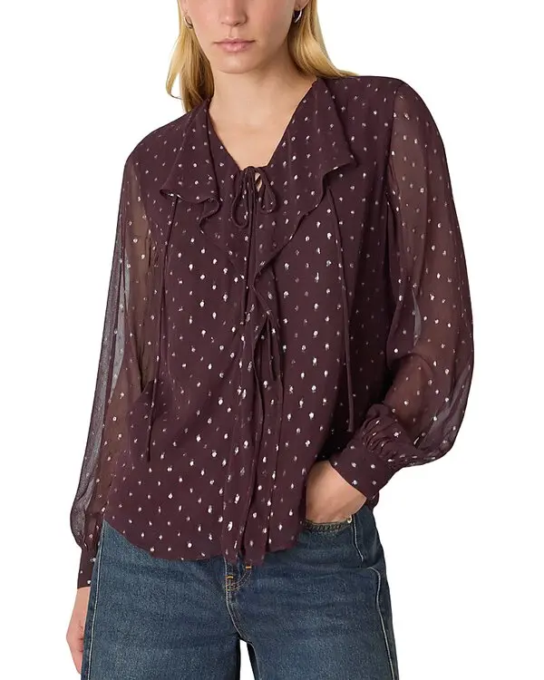 Whistles Metallic Dobby Frill Blouse - Burgundy