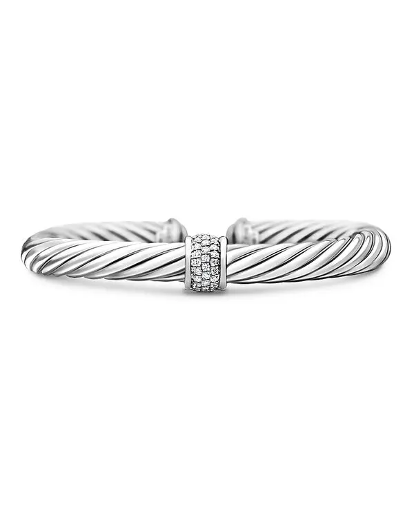 David Yurman Classic Cable Station Bracelet With Pave Diamonds - Silver