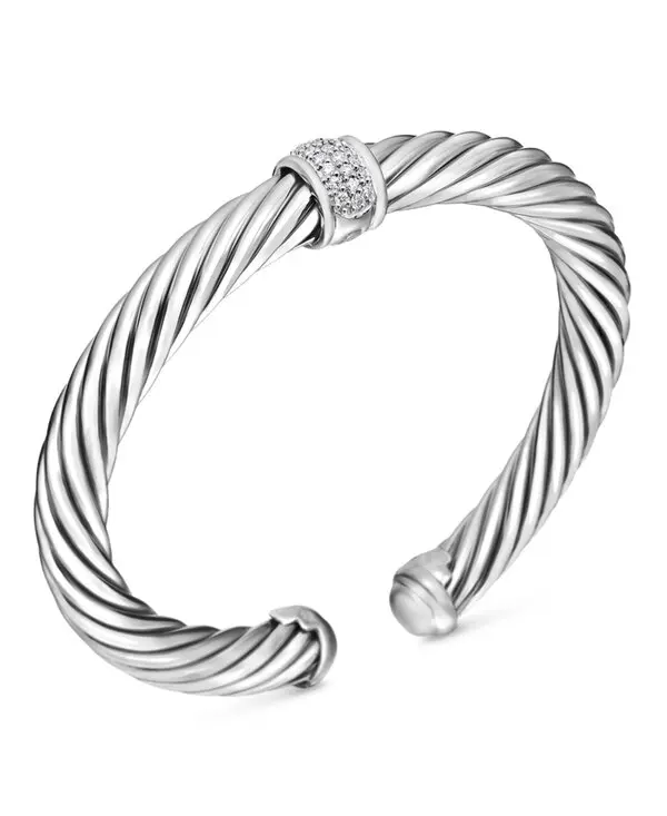 David Yurman Classic Cable Station Bracelet With Pave Diamonds - Silver