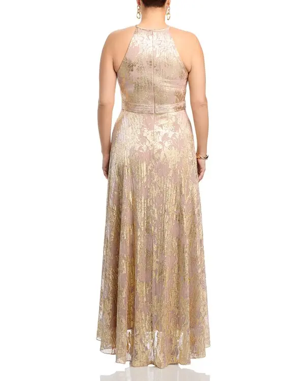 Aqua Foil Knit Metallic Halter Gown Exclusive - White/pink/gold