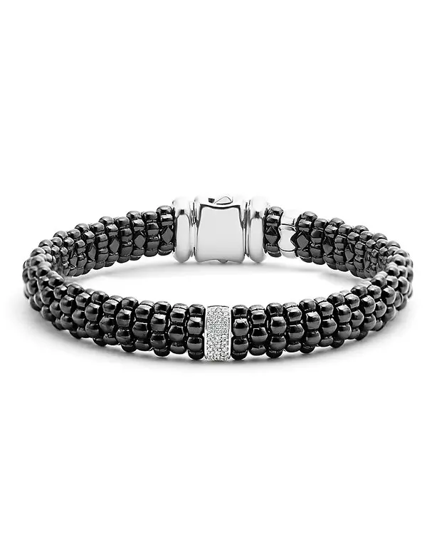 Lagos Black Caviar Ceramic Bracelet With Sterling Silver And Diamond Bar - White/black