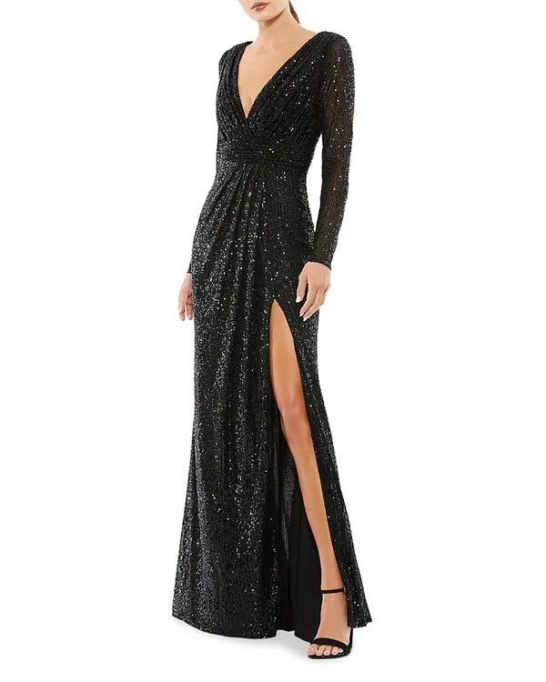 Mac Duggal Sequined Long Sleeve Gown - Black