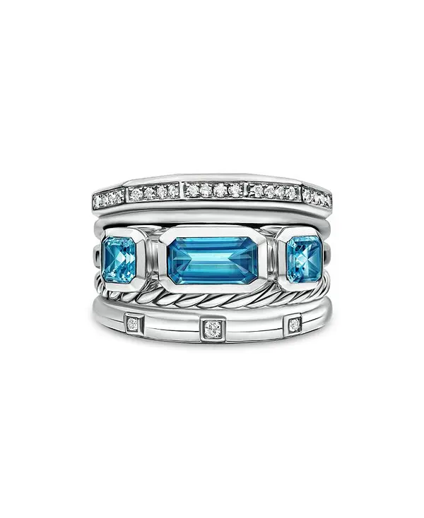 David Yurman Sterling Silver Stax Ring With Topaz And Diamonds - Blue/silver