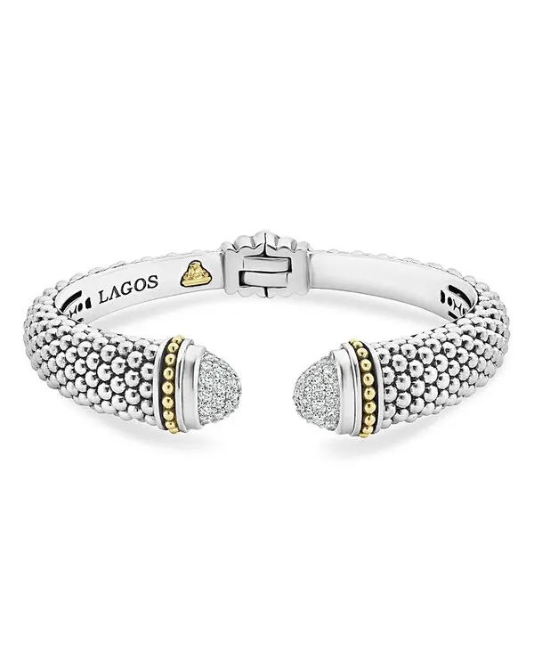 Lagos 18k Gold & Sterling Silver Caviar Diamond Cuff Bracelet - White/silver