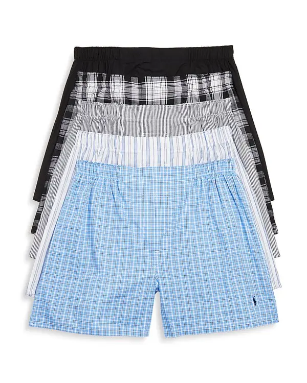 Polo Ralph Lauren Woven Boxers, Pack Of 5 - Gray/blue Plaid Combo
