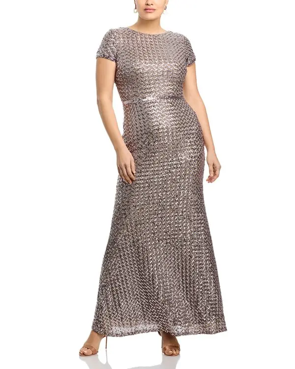 Aqua Belted Sequin Gown Exclusive - Silver/taupe